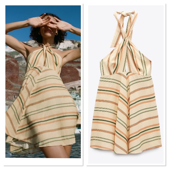Zara | Dresses | Zara Linen Blend Striped Wrap Halter Top Mini Dress ...